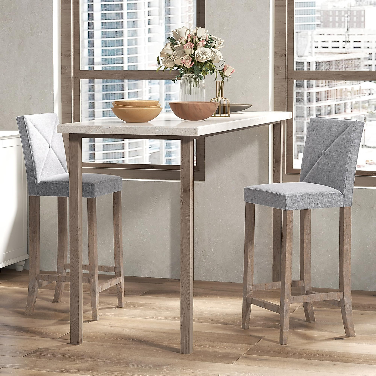 HOMCOM Modern Bar Stools Set of 2, Upholstered Bar Height Kitchen Stools with Build-in Footrest, Solid Wood Legs, Gray