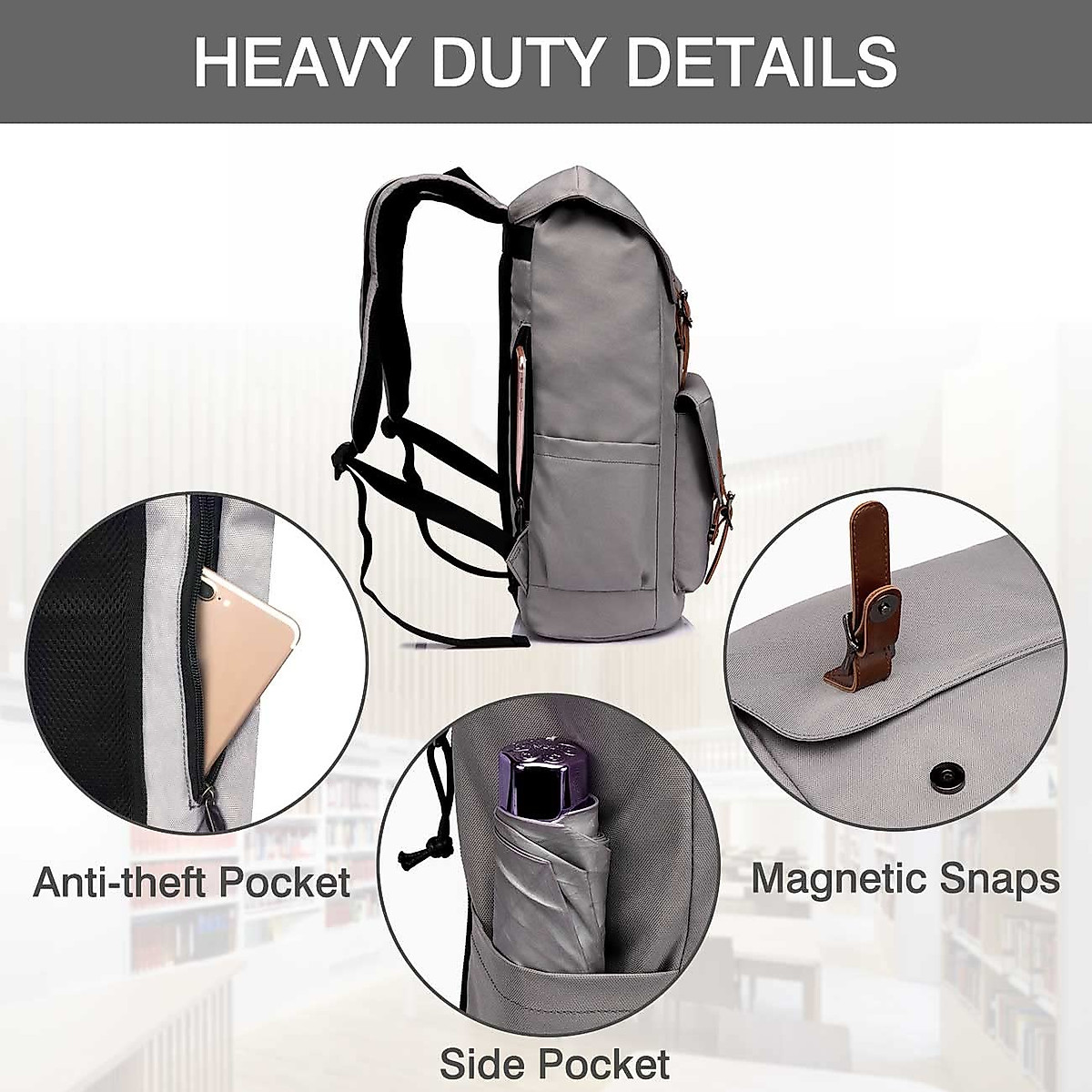 VASCHY Laptop Backpack for Men, Water Resistant Bookbag College Rucksack Daypack for 15.6in Laptop Gray