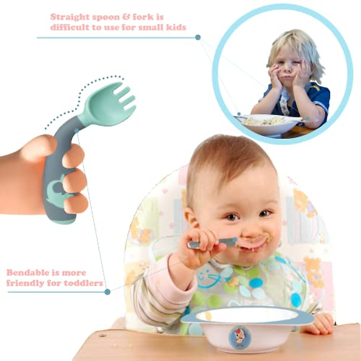 CocoMeiwei Toddler Utensils,Baby Silicone Spoon and Fork Set with Bendable Handle for Kids Self-feeding Learning,BPA Free Toddler Flatware 4 Pieces