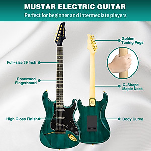 MUSTAR Electric Guitar Kit with 25W Amplifier, 39 Inch Full Size Solid Wood Electric Guitar Beginner Kits, Gig Bag, Digital Tuner, Capo, Strap, Cable, Picks, Birthday Holiday Gifts (Green, MEG-100)