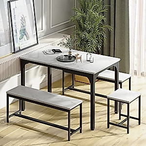 WiberWi Dining Table Set for 6, 47.3” Kitchen Dining Table, 5 Piece Kitchen Table and Chairs for 6, Heavy Duty Dining Room Table with Metal Frame & Faux Marble Tabletop for Kitchen Small Spaces