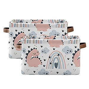 Pink Dinosaur Storage Basket Set of 2 Large Fabric Rainbow Storage Basket Bins Box Cube with Handles Collapsible Closet Shelf Clothes Organizer Basket for Nursery Bedroom
