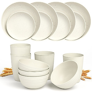 Wheat Straw Dinnerware Sets of 4 (16 Pieces), Dinner Plates, Dessert Plate, Cereal Bowls, Kids Cups, Microwave Dishwasher Safe, Lightweight, Unbreakable Dishes for Kitchen, Camping, RV