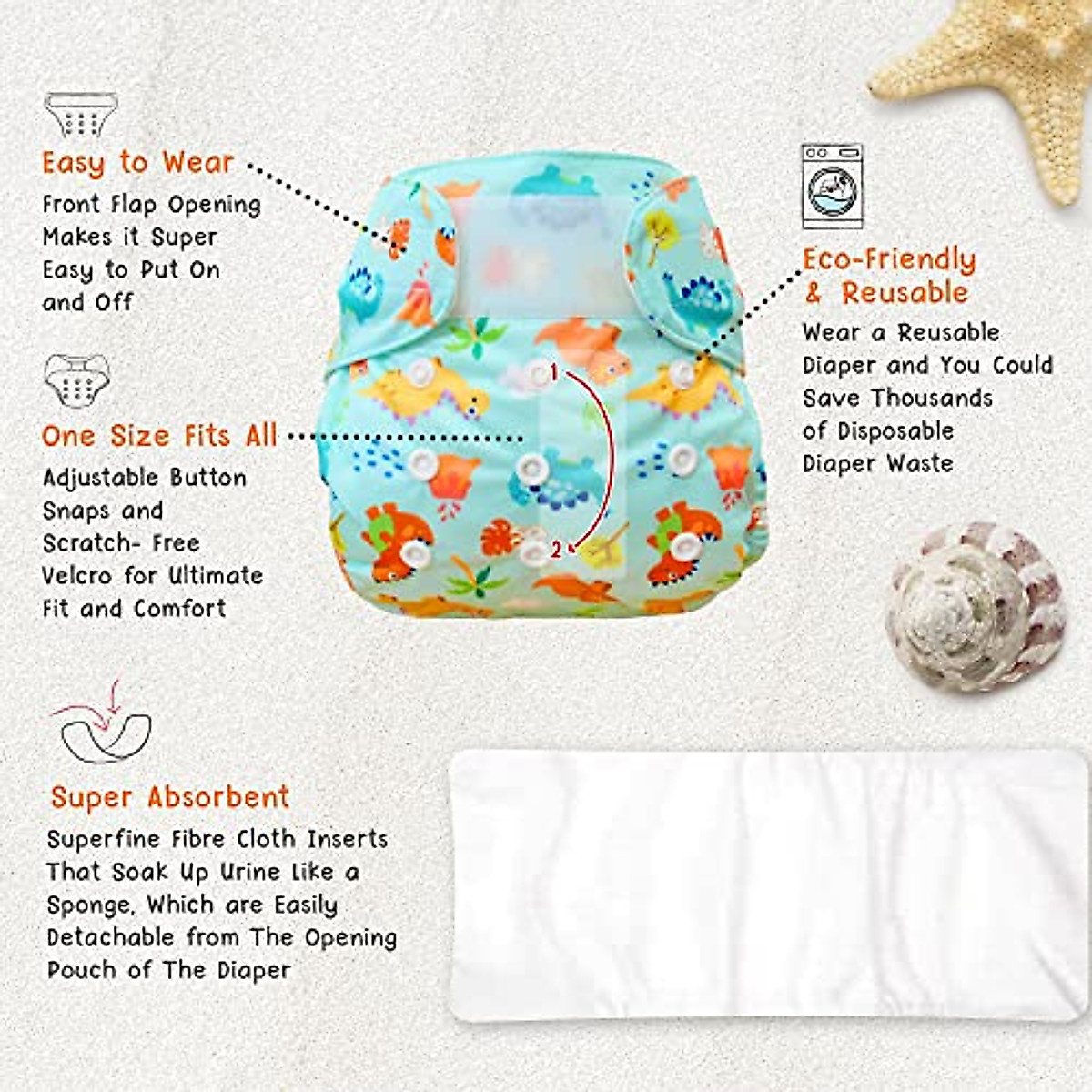 Cheekaaboo 2-in-1 Reusable Swim Diapers, Multipurpose Baby Swim Diaper, Leak-Proof Reusable Diapers with Inserts, Made for Beach, Pool and Outdoors, Turquoise/Dino, Fits Babies 6 Months to 3 Years