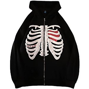 WINKEEY Women's Zip Up Skeleton Print Hoodie Y2K E-Girl Long Sleeve Hooded Jacket Sweatshirt (XL,Black)