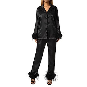 Womens Silk Satin Pajamas Loungewear Feather Decoration Two-piece Sleepwear Lapel Button-Down Pj Set (Black , L )