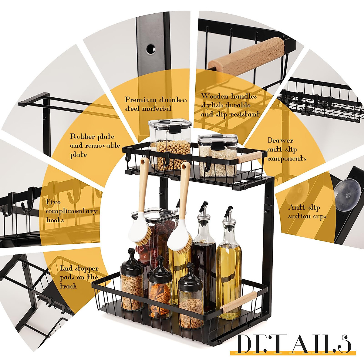 Under Sink Organizer and Storage, 2 Pack Adjustable Height Pull Out Cabinet Organizer Slide Out Sink Shelf Cabinet Storage Drawer with 8 Hooks, Under Sink Organizer for Kitchen Bathroom Cabinet