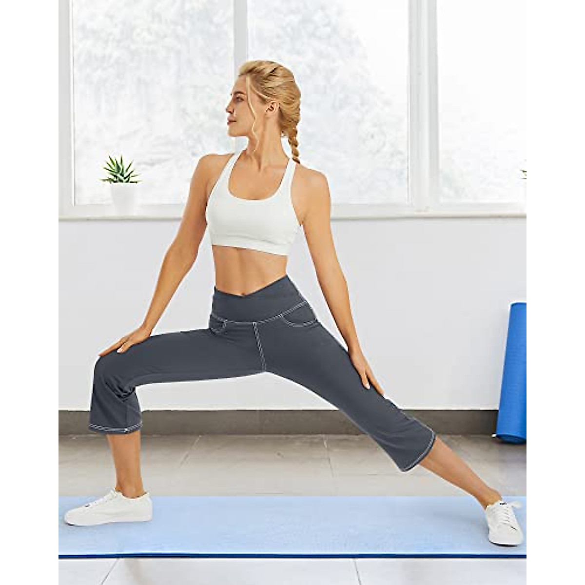 G4Free Flare Capri Pants for Women Cross Waist Bootcut Yoga Crop Pants with 4 Pockets High Waist Bootleg Leggings for Casual Workout (Grey,M)