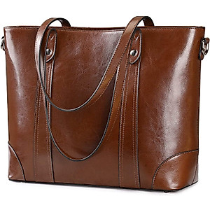 S-ZONE Leather Tote Bag for Women Office Shoulder Handbag 15.6 Inch Work Laptop Briefcase (Dark Brown)