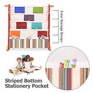 Bolocon Kids Car-Shaped 5-Tier Sling Book Rack Features Two Top Handles for Toddler Boys and Girls Gift,Storage Bookcase Bookshelf Organizer with Deep Canvas Sleeves (Racing Red)