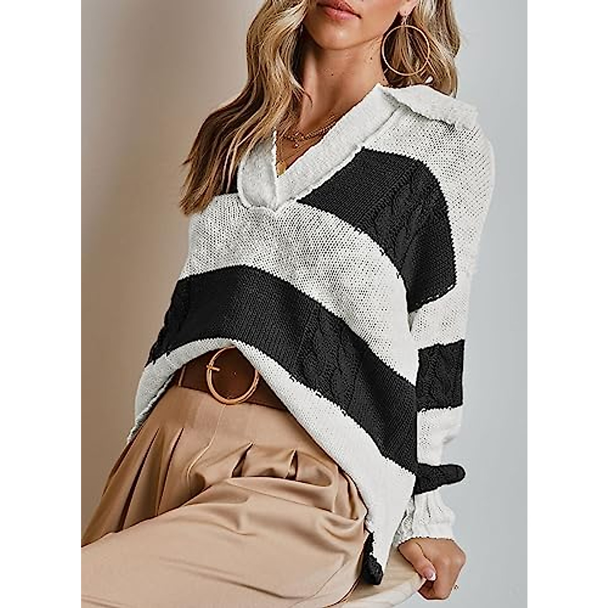 Dokotoo Sweaters for Women Fall 2023 Casual Lightweight Long Sleeve Cable Knit Loose Stylish Winter Sweater V Neck Color Block Turn-Down Collar Striped Pullover Jumper Tops Black Medium