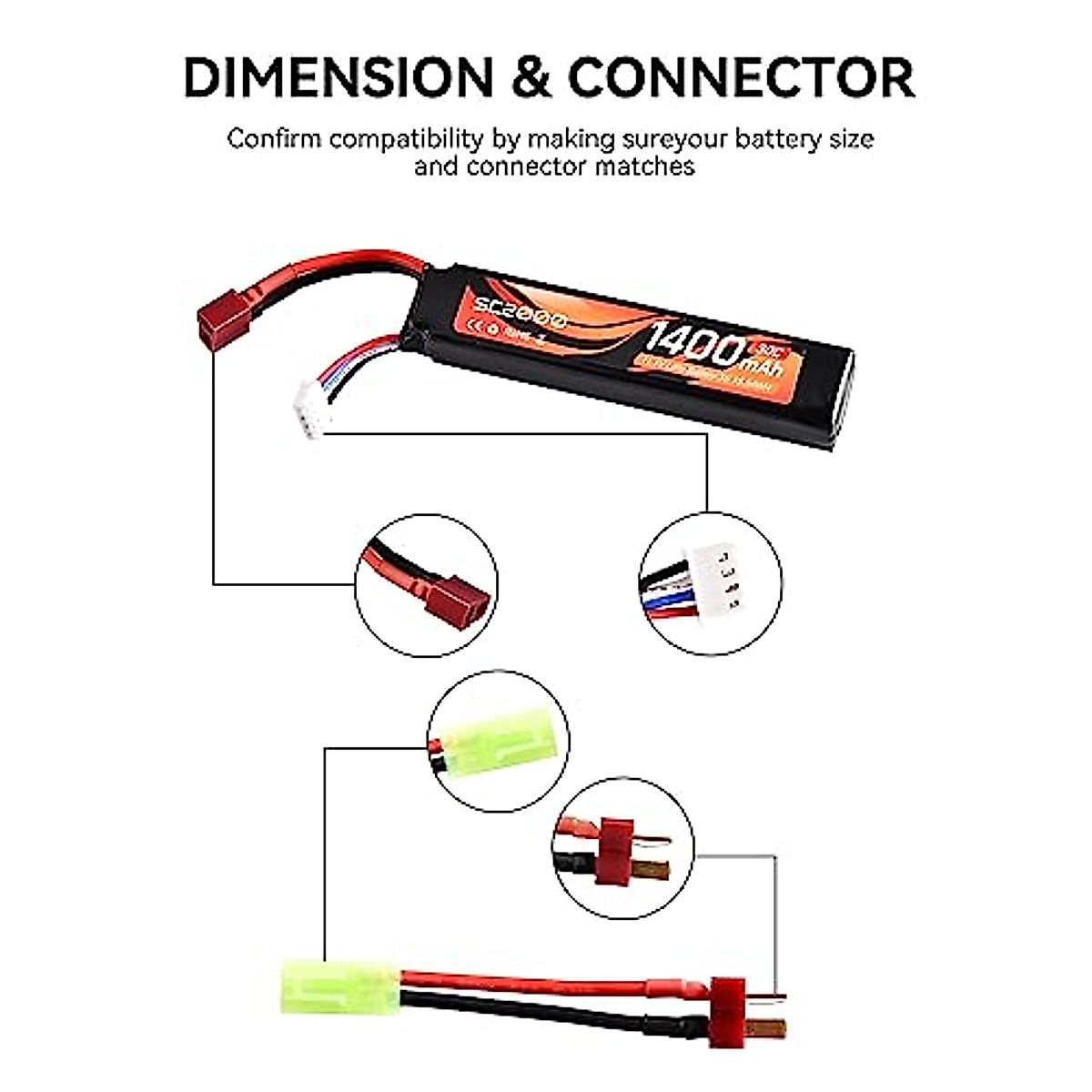 11.1V LiPo Battery Airsoft Deans Connector Rechargeable 1400mAh 30C Stick Battery with T Plug to Mini Tamiya Cable for Airsoft Guns Airsoft Rifle