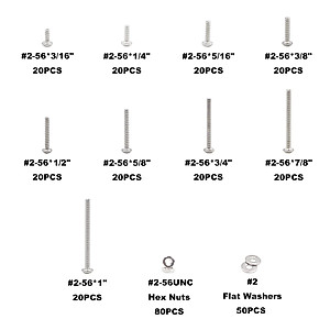 MCMASKE 310PCS #2-56 UNC Stainless Steel Phillips Pan Head Machine Screws Hex Nuts Flat Washers Assortment Kit