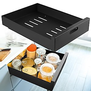 Sanbege Pull Out Cabinet Organizer Self Adhesive, Heavy Duty Metal Sliding Drawer, 16.9" D x 11.8" W x 3.7" H Slide Out Pantry Shelf for Kitchen, Bathroom, Bedroom, Living Room, Garage, Office (Black)