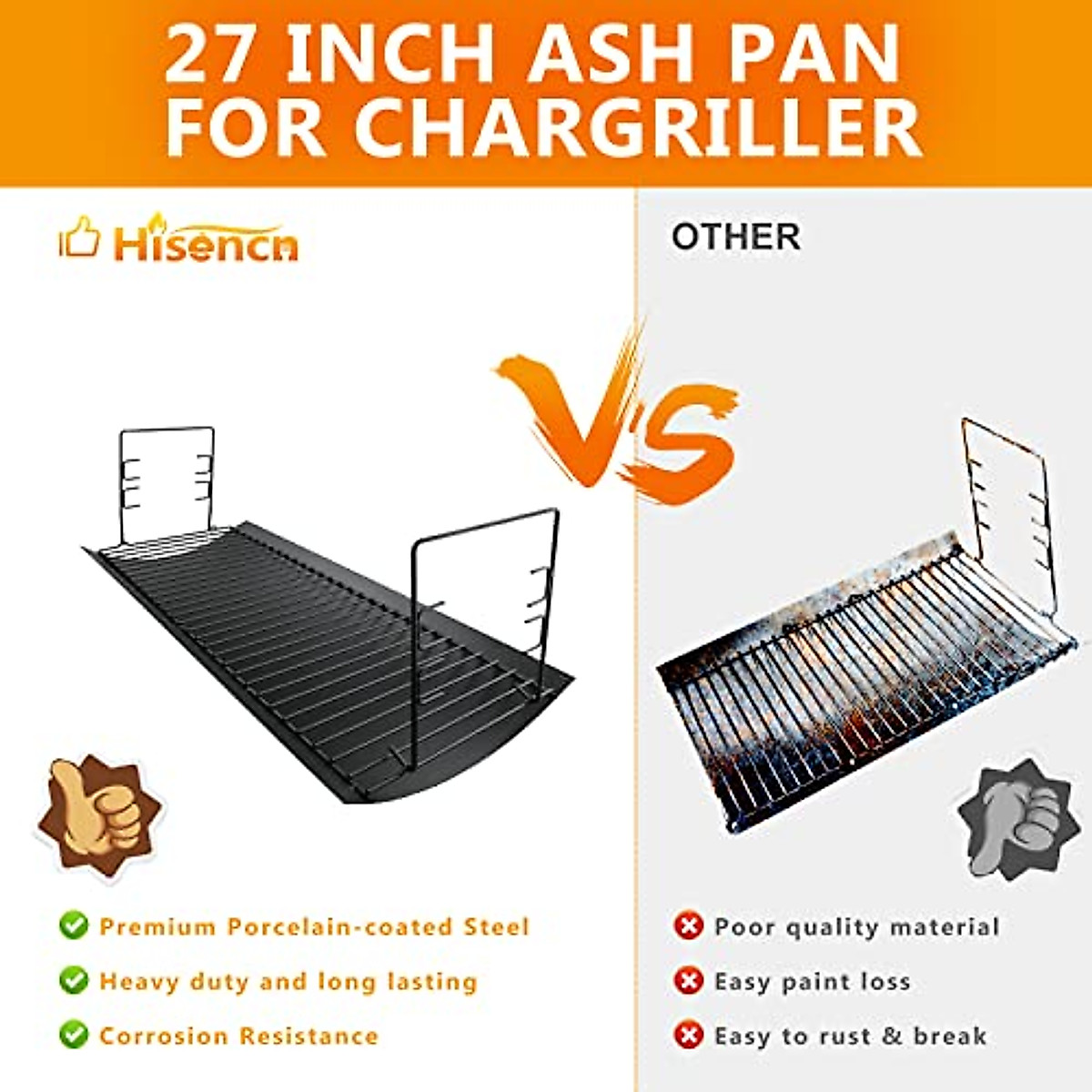 Hisencn 27 inch Ash Pan Repair Parts for Chargriller 1224, 1324, 2121, 2222, 2727, 2828, 2929 Charcoal Grills, Charbroil 17302056, 27" Drip Pan Grates Replacement Part with 2pcs Fire Grate Hanger
