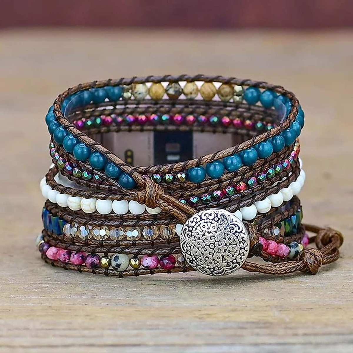 Somesame Compatible with Fitbit Versa/Versa 2/Versa Lite/Versa SE Bands Boho Beads Bracelets,Multilayer 5 Wraps Chakra Leather Handmade Braided Natural Stone Rope Watch Strap for Women Men