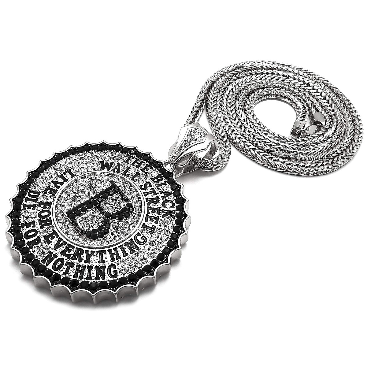 GWOOD Black Wall Street Pendant with Crystal Rhinestones and Silver Color 36 Inch Franco Necklace