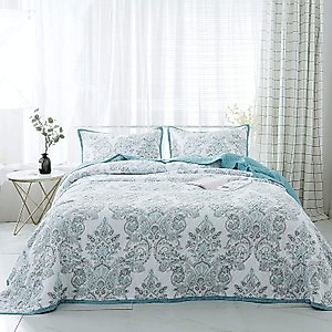 KASENTEX Authentic 100% Cotton 3-Piece Oversized Twin XL Quilt Set Soft Bedspread Coverlet Sets (Blue Paisley, 80X106+20X26 X2)