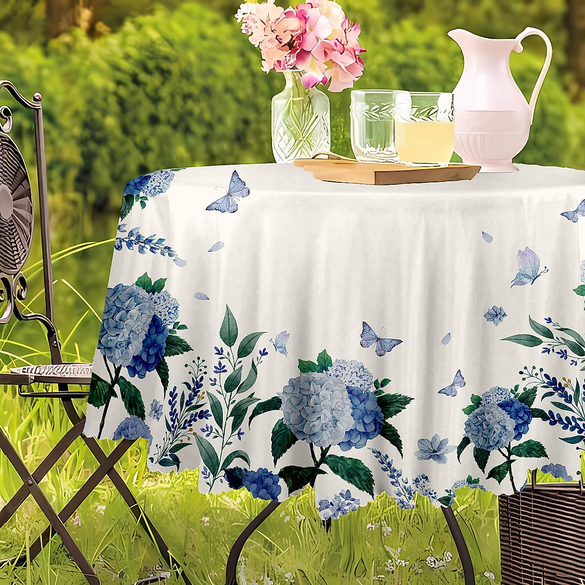 Eikione Round Table Cloths 60 in, Floral Tablecloth Waterproof, Wrinkle Free Polyester Flower Table Cover for Patio Party