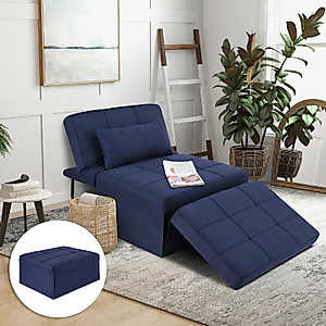 PORWEY Sleeper Chair Bed, 4-in-1 Convertible Futon Ottoman Bed Sleeper, Foldable Sofa Couch with Adjustable Backrest for Guest Room/Office Living Room, No Assembly Required, 29” Width, Dark Blue