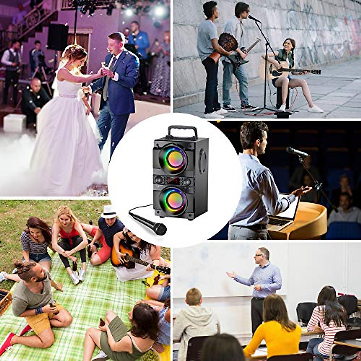 Bluetooth Speaker, 60W (80W Peak) Portable Wireless Speaker with LED Colorful Lights, Double Subwoofer Heavy Bass, FM Radio, Loud Speaker for Home Outdoor Party Camping