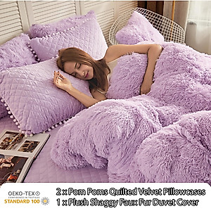 LIFEREVO Luxury Plush Shaggy Duvet Cover Set, Soft Velvet Fluffy Furry Duvet Cover Set(1 Lavender Faux Fur Fuzzy Comforter Cover+2 Pom Poms Pillow Shams)Bedding Set, Zipper Closure(Full/Queen, Orchid)