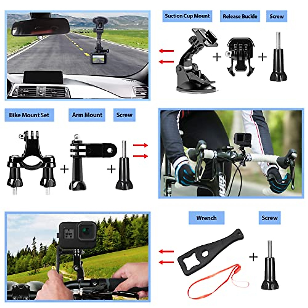 HONGDAK Action Camera Accessories Kit for GoPro Hero 11 10 9 Black, Waterproof Housing+Silicone Case+3-Way Adjustable Arm+Head Chest Wrist Strap+Bike Mount+Suction Cup+Floating Grip Bundle Set 63 in 1