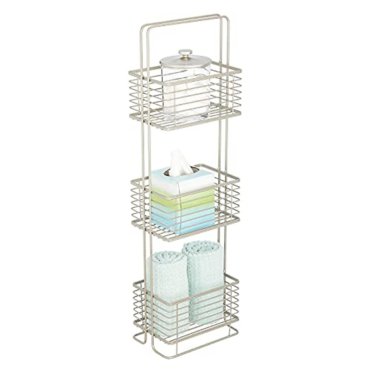 mDesign Slim Metal Wire 3 Tier Free-Standing Bathroom Shelving Unit, Small Narrow Storage Organizer Tower Rack with 3 Basket Bins - Holds Tissues, Hand Soap, Toiletries - Satin