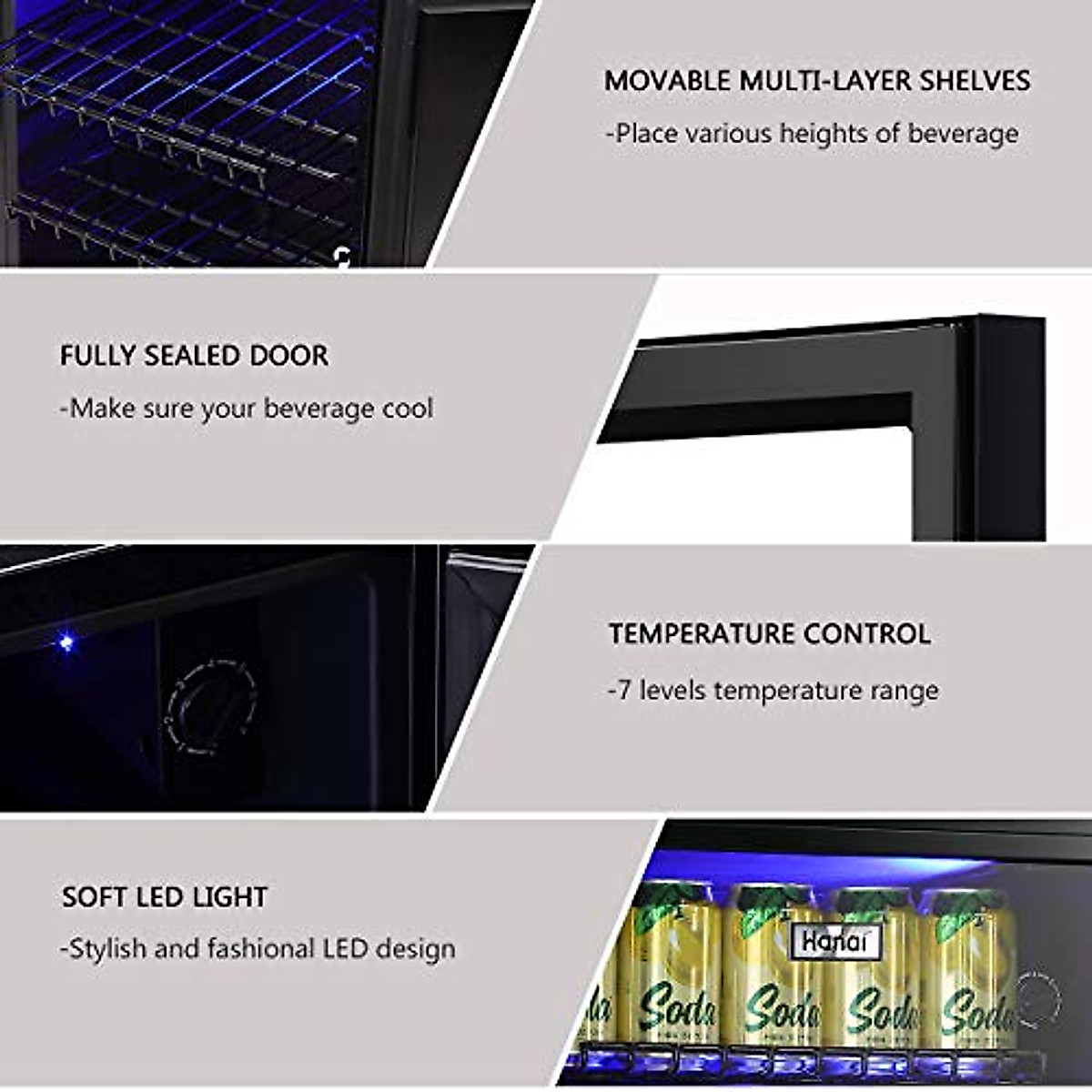 WANAI Beverage Refrigerator Cooler Fridge Glass Door 125Can Beer Fridge Beverage Cooler Drinks Wines Juice Soda Cooler Adjustable Shelves Blue LED Lights Temp Control for Home Office Dorm Bar 3.5 Cu. Ft