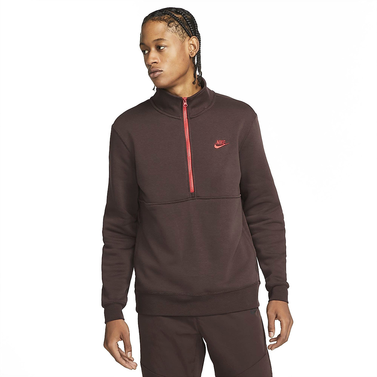 Nike Men Sportswear Club Brushed-Back 1/2-Zip Pullover (2X-Large, Brown Basalt/University Red/University Red)