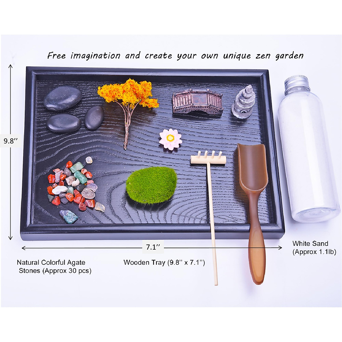 Japanese Zen Garden Kit - Mini Garden with Rock Bridge Pagoda Maple Trees Agate Stones - Meditation Gift Set for Relaxation - Home & Office Desk Decor with Rake Tools and Zen Accessories,Black