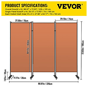 VEVOR Office Partition 89" W x 14" D x 73" H Room Divider 3-Panel Office Divider Folding Portable Office Walls w/Non-See-Through Fabric Room Partition Reddish Brown for Room Office Restaurant