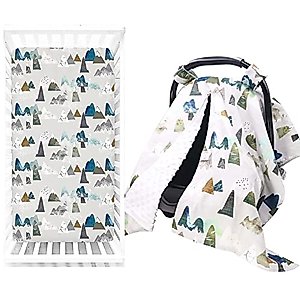 Peekaboo Opening Car Seat Cover & Crib Sheet for Boys Girls, Adventure Mountain Car seat Canopy & Toddler Bed Sheets, Soft Fabric, Woodland