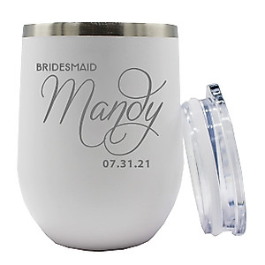Bridesmaid Stemless Wine Tumbler - Custom Personalized 12 oz Insulated Stainless Steel Cup - Bride, Maid of Honor (White)