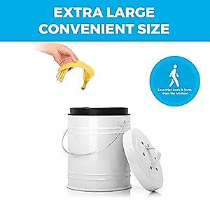 Cooler Kitchen 1.3 Gallon White Countertop Compost Bin - Kitchen Compost bin with EZ-No Lock Lid, Plastic Liner & Charcoal Filters - Sturdy Construction & Odor-Free Seal Dishwasher Safe