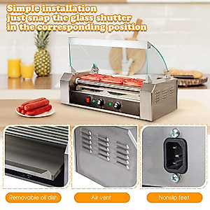 110V Hot Dog Roller Machine 5 Roller 12 Hot Dog Capacity Electric Grill Cooker Machine with Cover Stainless Steel Hot Dog Roller Warmer Sausage Maker for Both Commercial and Household Use