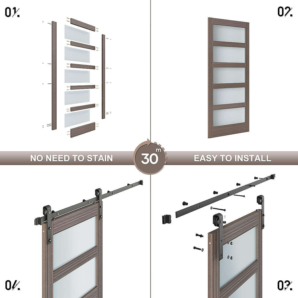ROYMELO 30x84 Inch Glass Sliding Barn Door Slab and 5.5ft Hardware Kit Included, 5 Frosted Glass, LVL Wood Panel Covered with Elephant Gray Water-Proof Scratch-Proof PVC Surface, Simple DIY Assembly
