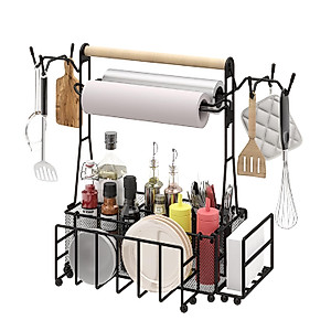 Grill Caddy,Portable Picnic Condiment Utensil Caddy with Paper Towel and Plate Holder,Griddle Accessories Storage for Outdoor Kitchen,Patio Barbecue,Camping Trip,RV Cooking,Tailgating Party- Black