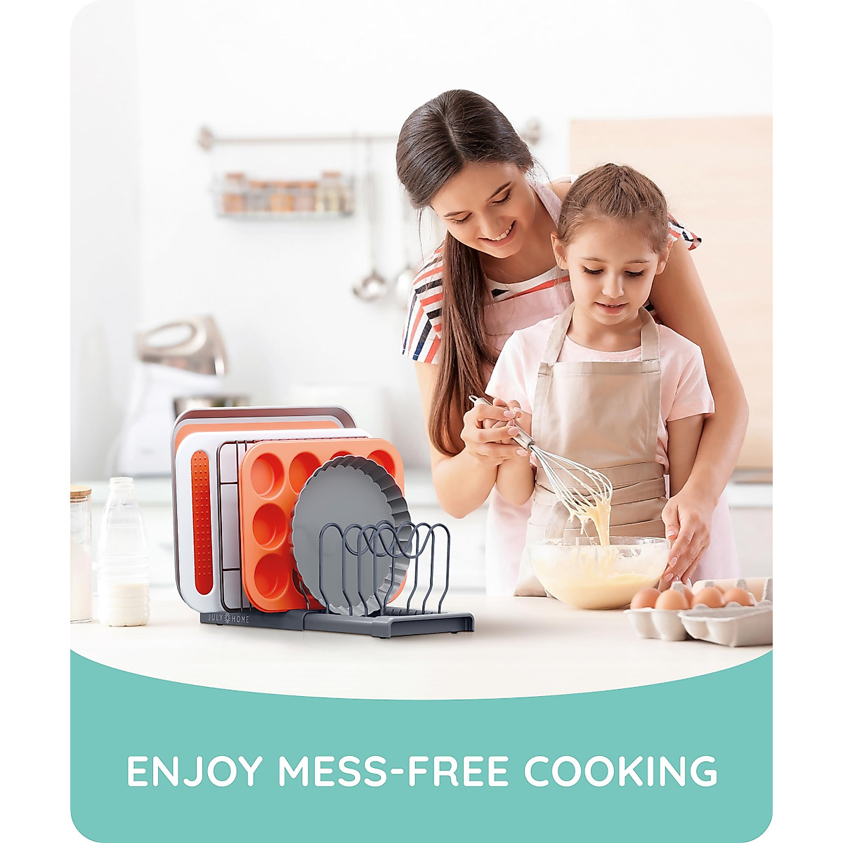 JULY HOME Expandable Pot and Pan Organizer Rack for Cabinet, Pot Lid Organizer Holder with 7 Adjustable Compartments, Cutting Board, Cookware, Bakeware & Frying Rack Organizer for Cabinet (Gray)