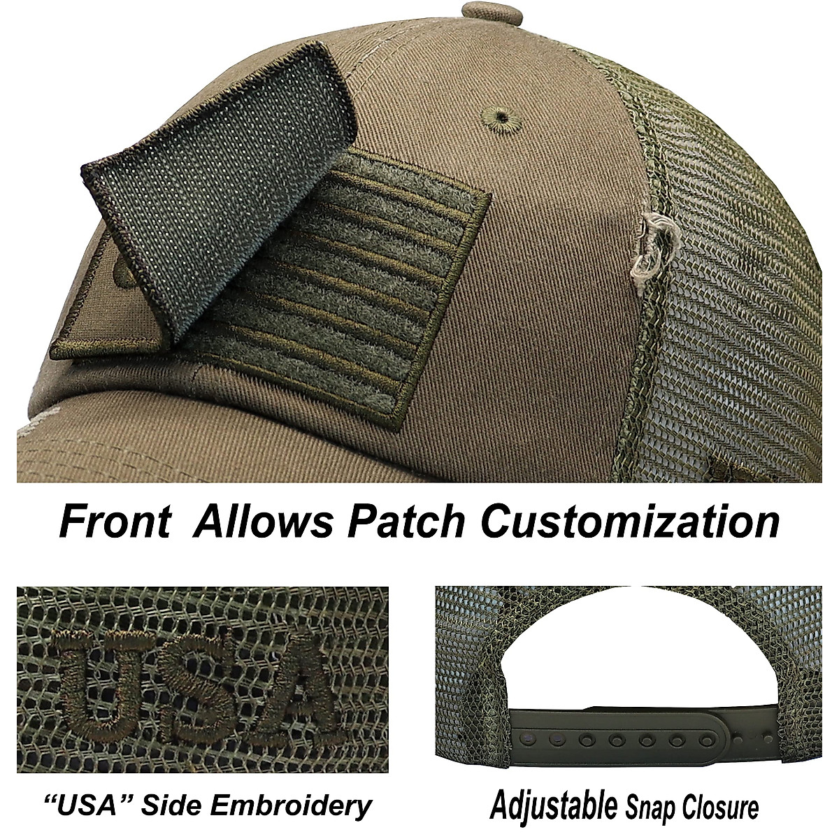 Antourage American Flag Unconstructed Hat for Men and Women Twill Mesh Snapback Baseball USA Flag Cap + 2 Patriotic Patches ((02) Olive Distressed Mesh Snapback)