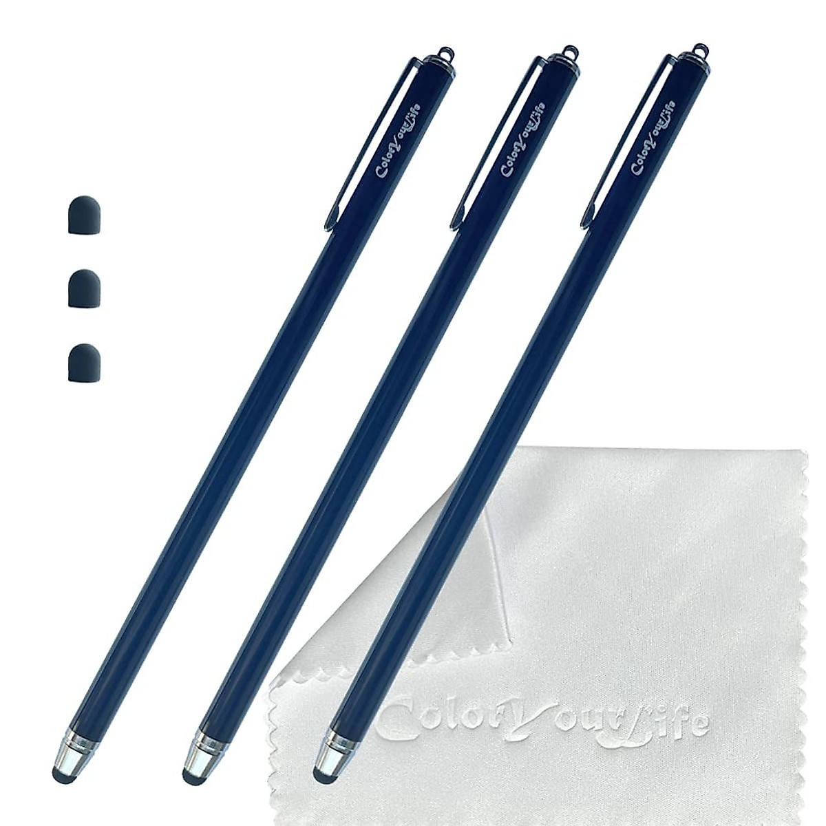 ColorYourLife Bundle of 3-Pack 7.3" Extra Long Thin Tip High Precision Universal Capacitive Stylus Pens for Touch Screens and Microfiber Cloth (Black)