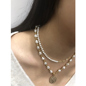 Y2K Pearl Choker Necklace Baroque Cultured Handpicked Pearl 18K Gold Plated Bead Ball Chain Coin Charm Pendant Vintage Jewelry Gifts for Women Men