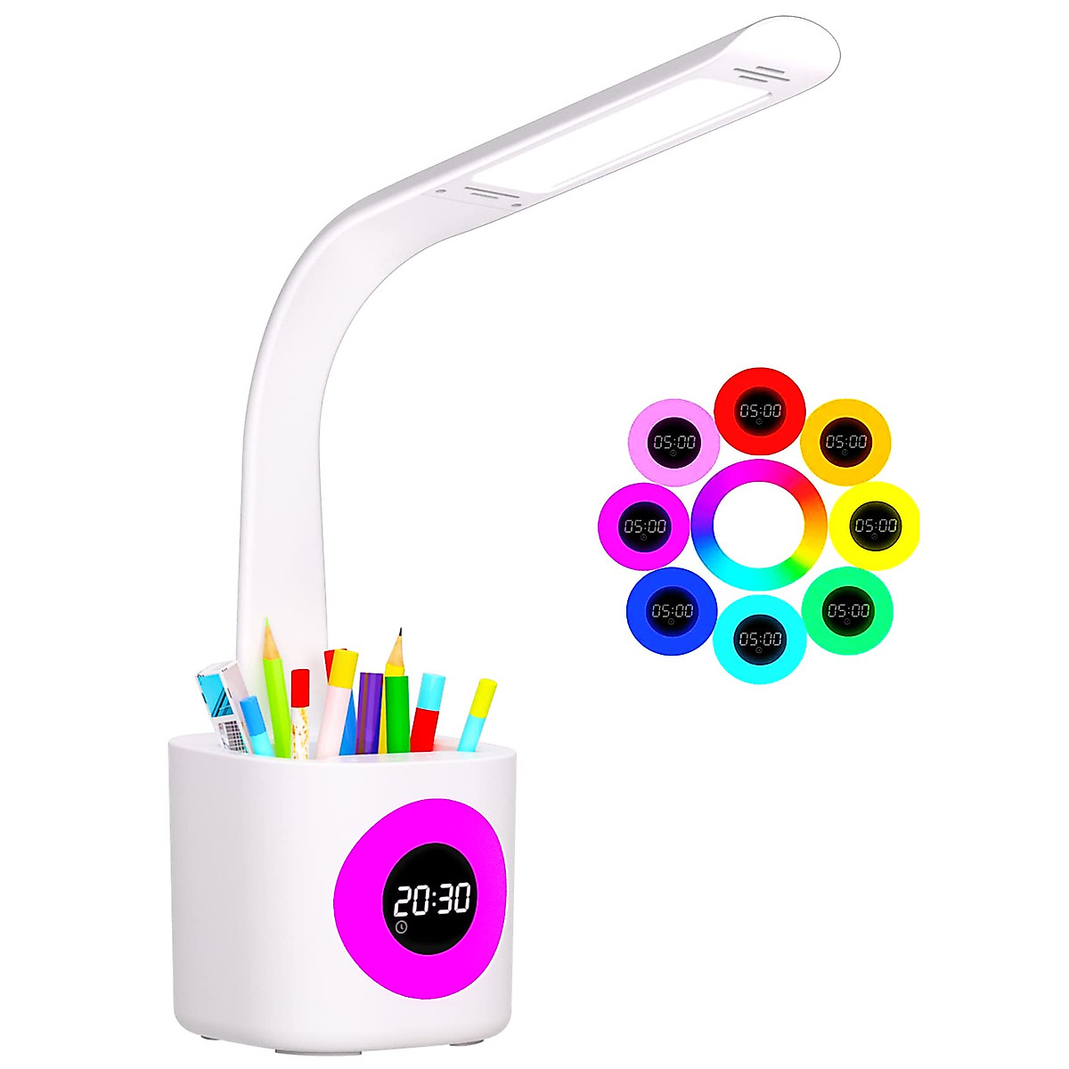 YOUKOYI LED Desk Lamp, Desk Lamps for Home Office, 10W Dimmable Study Desk Light with Pen Holder&Colorful Night Light&Clock, Kids Desk Lamp- 4 Lighting Modes&5 Brightness Level, Eye-Care Reading lamp