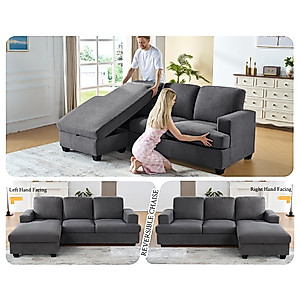 VanAcc 89 Inch Convertible Sofa with Storage, Reversible L Shape Sofa Couch with Chaise, Comfy Couches for Living Room, Grey Bouclé