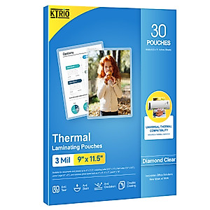KTRIO Laminating Sheets, Holds 8.5 x 11 Inch Sheets 30 Pack, 3 Mil Thermal Laminating Pouches 9 x 11.5 Inch Clear Plastic Lamination Sheet Paper for Laminator, Round Corner Letter Size