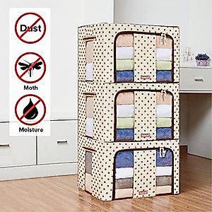 Oxford Fabric Storage Box with Steel Frame,Foldable Stackable Container Organizer with Large Window & Carry Handles Bedroom Closet Organization for Clothes Bedding Sheets Blanket Pillow Brown-66L