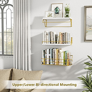 Love-KANKEI Floating Shelves Wall Mounted, Bathroom Shelves Over Toilet with Towel Bar,Wall Shelves with Storage Wire Basket, Wood Shelves for Bedroom Kitchen Living Room Books, Set of 3, White