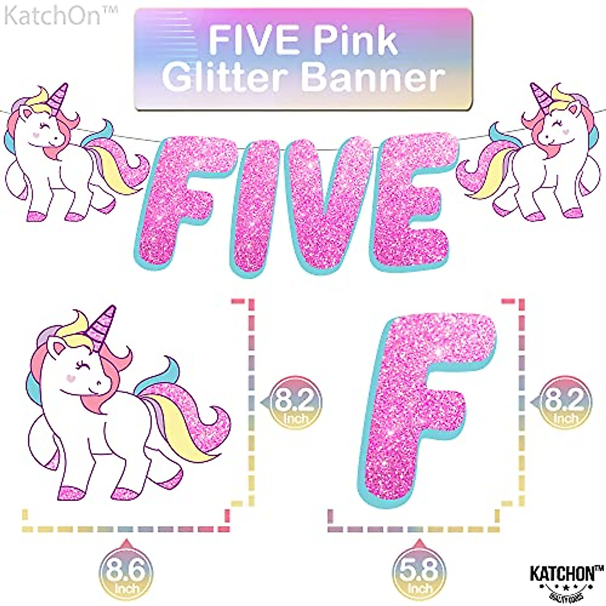 KatchOn, Unicorn 5th Birthday Decorations Girl - Glitter Five Banner, Number 5 Balloon 40 Inch | Giant Unicorn Balloons, 43 inch | Unicorn Decorations for Birthday Party | Unicorn Party Decorations