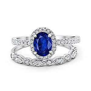 Halo 2-Piece Art Deco Wedding Engagement Bridal Set Ring Band Oval Simulated Blue Sapphire Round Cubic Zirconia 925 Sterling Silver, Size-6
