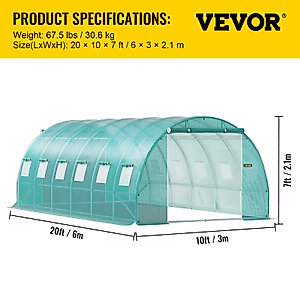 VEVOR Walk-in Tunnel Greenhouse, 20 x 10 x 7 ft Portable Plant Hot House w/Zippered Door, 12 Roll-up Windows, Galvanized Steel Hoops, 3 Top Beam, and 4 Diagonal Poles, Green
